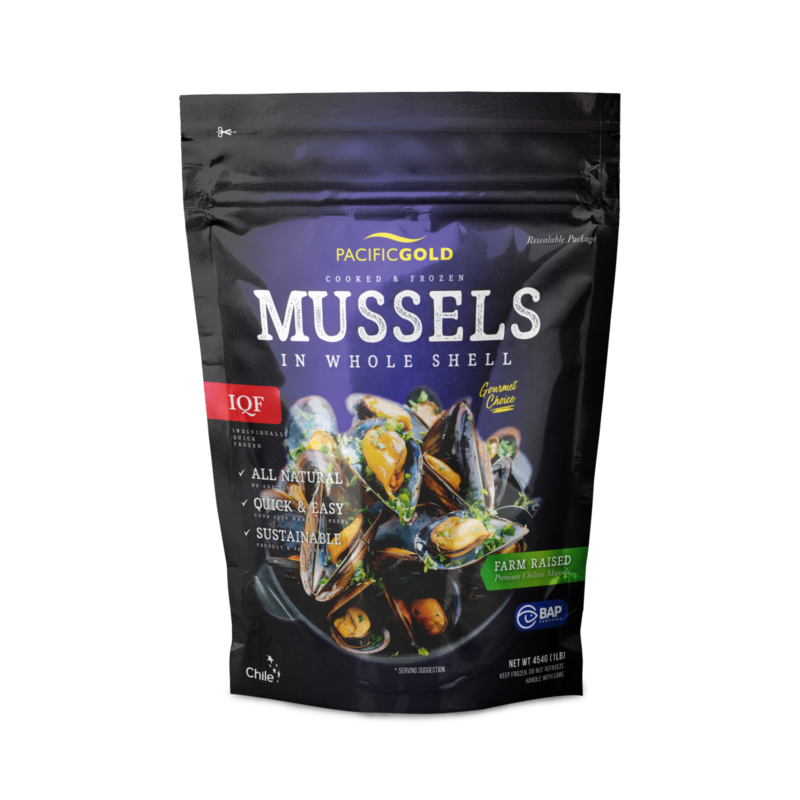 Whole shell mussels Cooked and frozen IQF Doypack - Pacific Gold ...